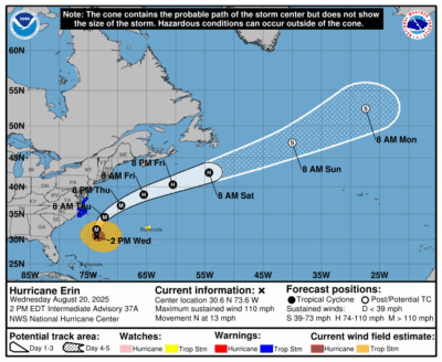 Hurricane Erin poses hazards despite expected offshore track | Coastal ...